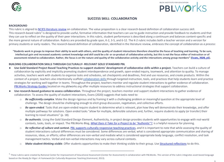 Collaboration Rubrics | MyPBLWorks